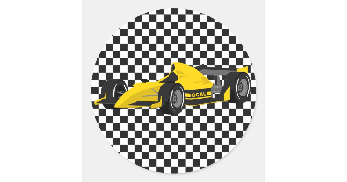 Yellow Race Car Birthday Sticker | Zazzle