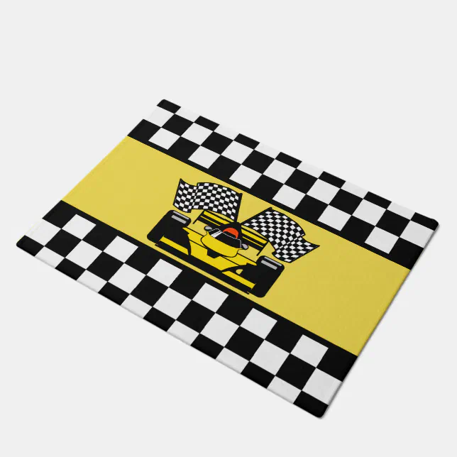 Yellow Race Car: Checker Flag Doormat | Zazzle