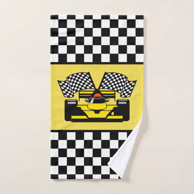 Yellow Race Car: Checker Flag Hand Towel | Zazzle