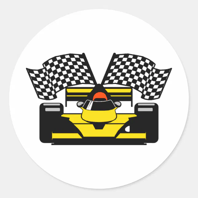 YELLOW RACE CAR CLASSIC ROUND STICKER | Zazzle