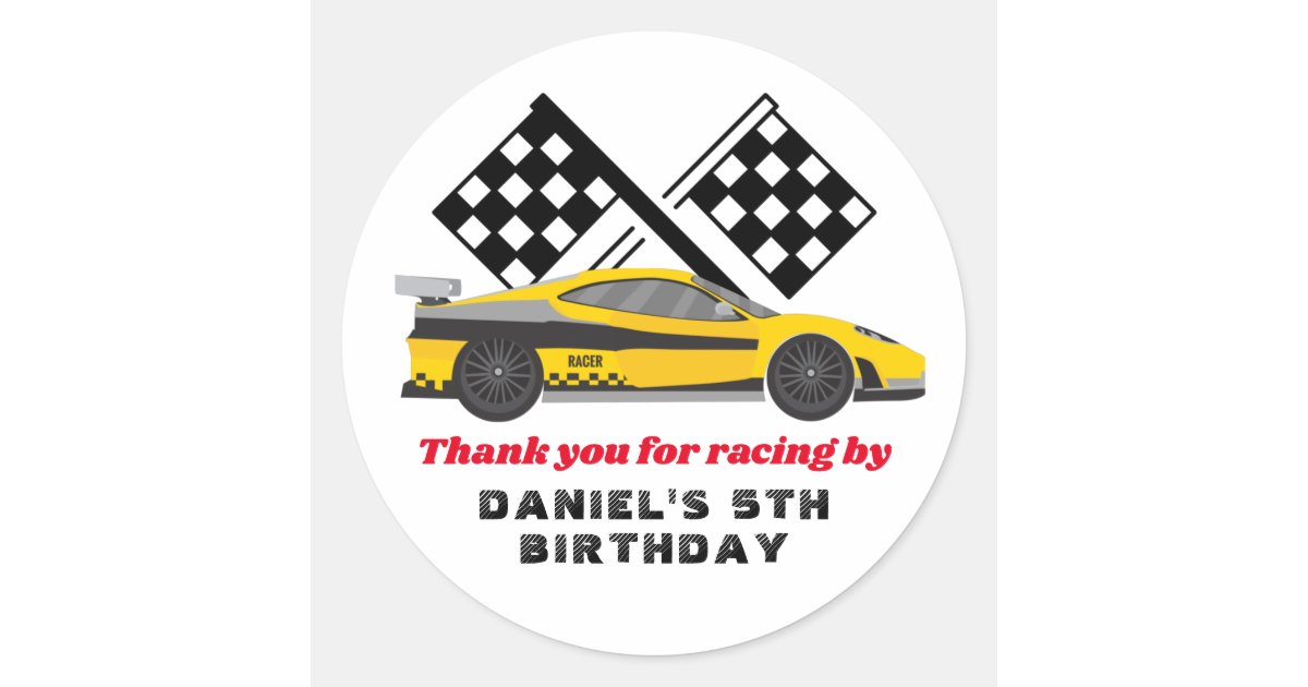 Yellow Race Car for Boys Kids Birthday Party Classic Round Sticker | Zazzle