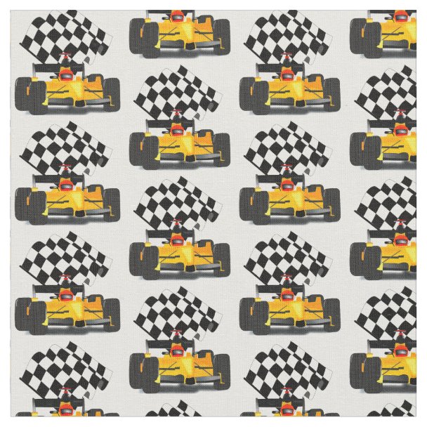 Blue Race Car with Checkered Flag Fabric | Zazzle