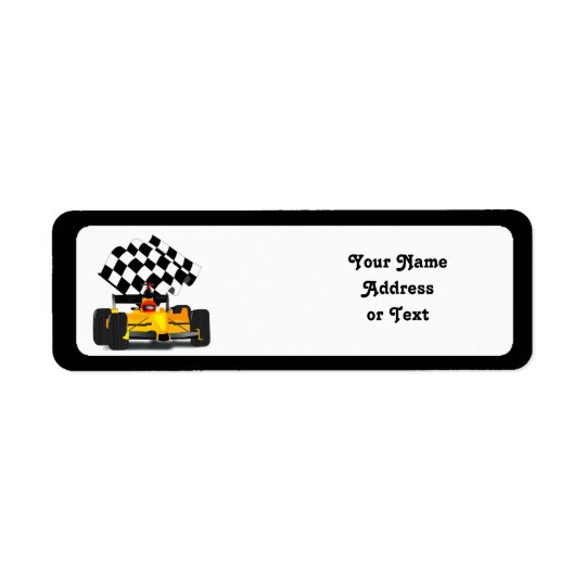 Yellow Race Car with Checkered Flag Label | Zazzle.com