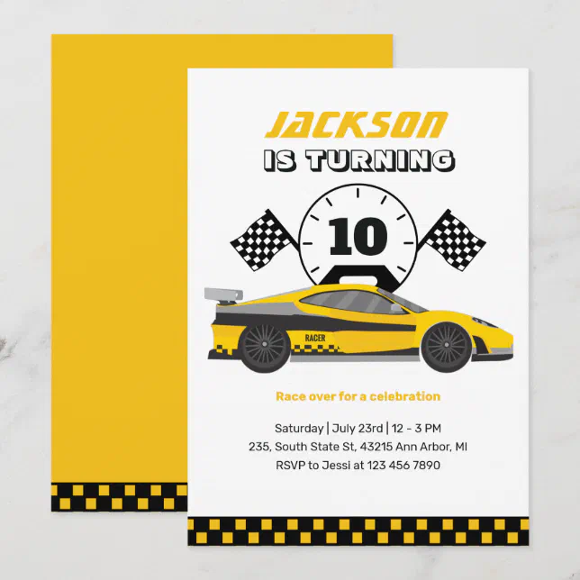 Yellow Racing Car Race Kids Boys Birthday Invitation | Zazzle