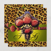 YELLOW RED CORAL ROSES,LEOPARD SKIN MONOGRAM INVITATION | Zazzle