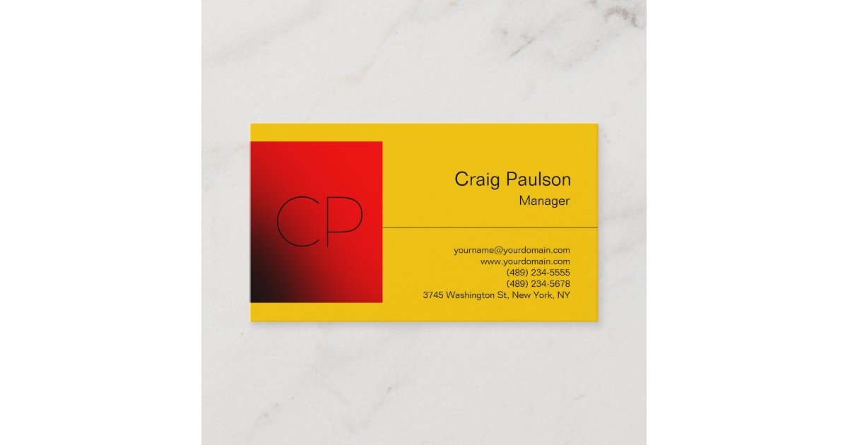 Yellow Red Square Chic Monogram Business Card | Zazzle