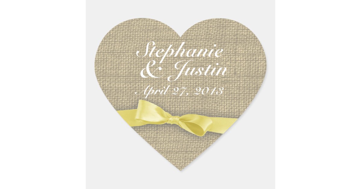 Yellow Ribbon and Burlap Heart Heart Sticker | Zazzle