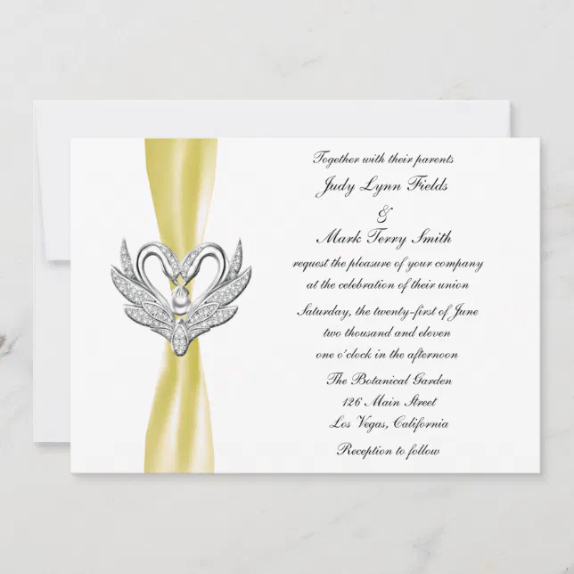 Yellow Ribbon Silver Swans Invitation | Zazzle