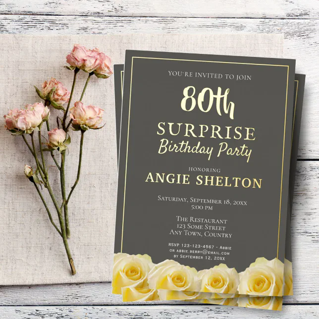 Yellow Rose 80th Surprise Birthday Party Foil Invitation | Zazzle