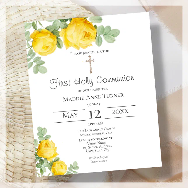 Yellow Rose | First Communion Budget Invitation | Zazzle