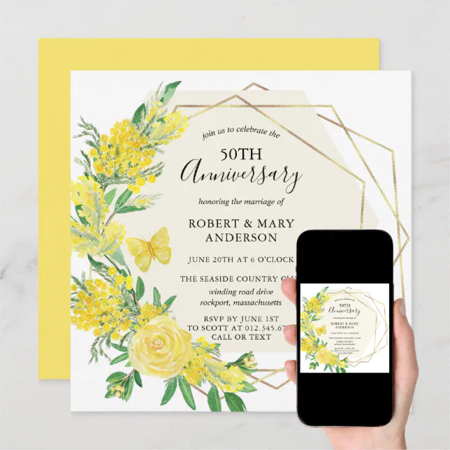 Yellow Rose Floral 50th Anniversary Party Invitation | Zazzle