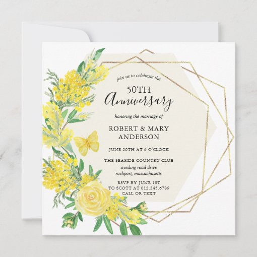 Yellow Rose Floral 50th Anniversary Party Invitation | Zazzle