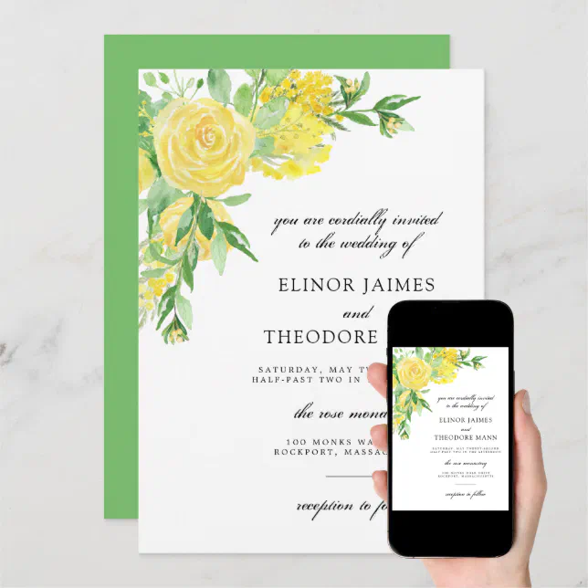 Yellow Rose Floral Watercolor Wedding Invitation | Zazzle