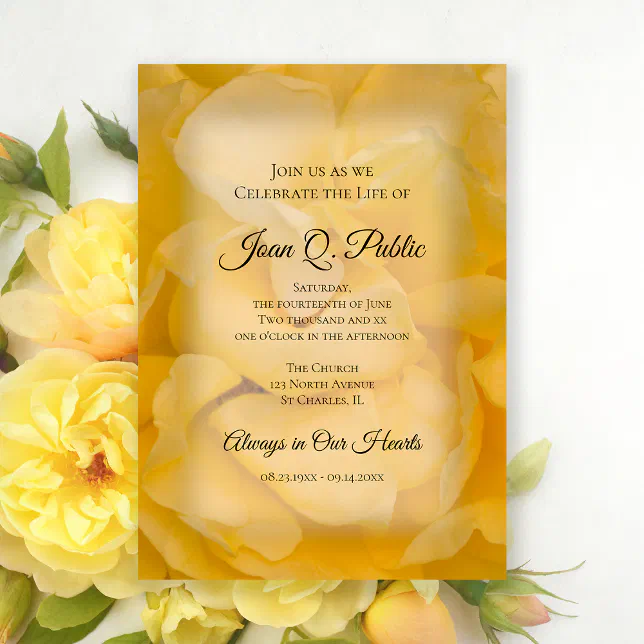 Yellow Rose Flower Celebration of Life Memorial Invitation | Zazzle