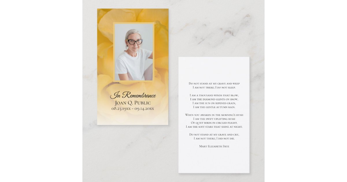 Yellow Rose Flower Funeral Memorial Poem / Prayer Business Card | Zazzle