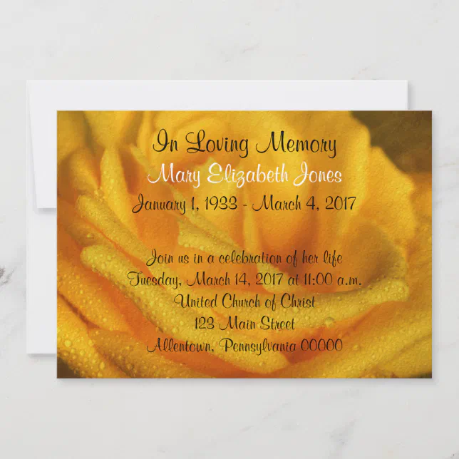 Yellow Rose Memorial Service Announcement | Zazzle