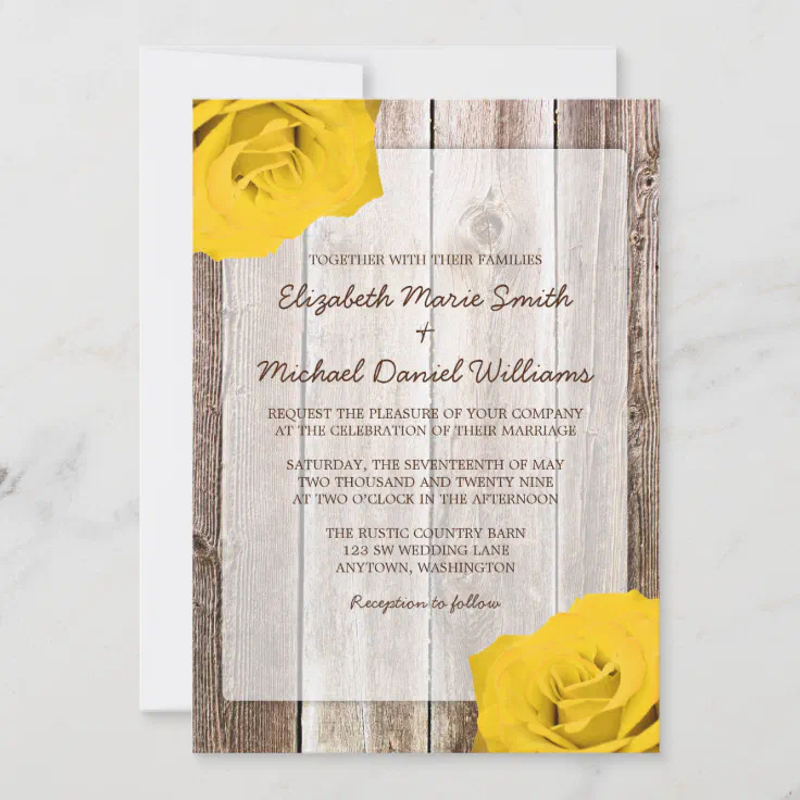 Yellow Rose Rustic Barn Wood Wedding Invitations | Zazzle