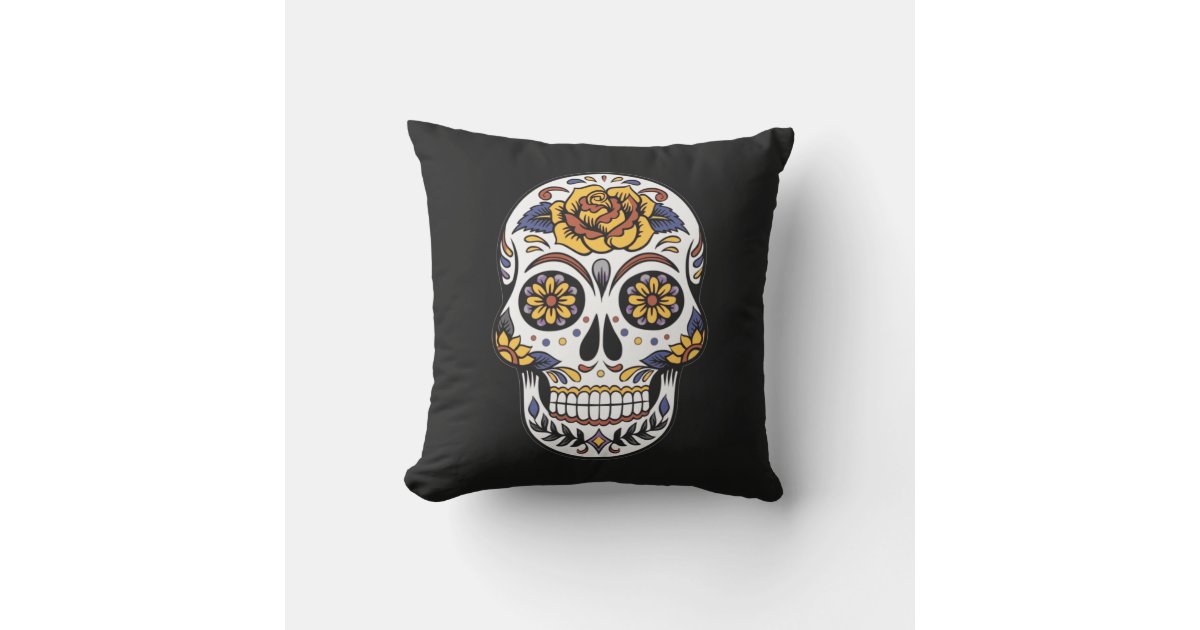 Yellow Rose Sugar Skull on Black Outdoor Pillow | Zazzle