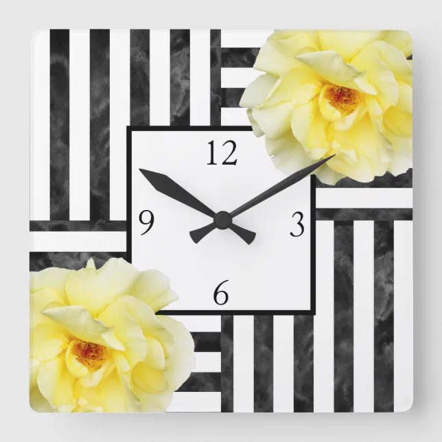 Yellow Roses Black and White Stripes Square Wall Clock | Zazzle