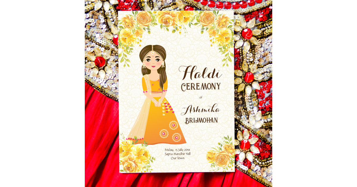 Yellow roses cute girl Haldi Invitation | Zazzle