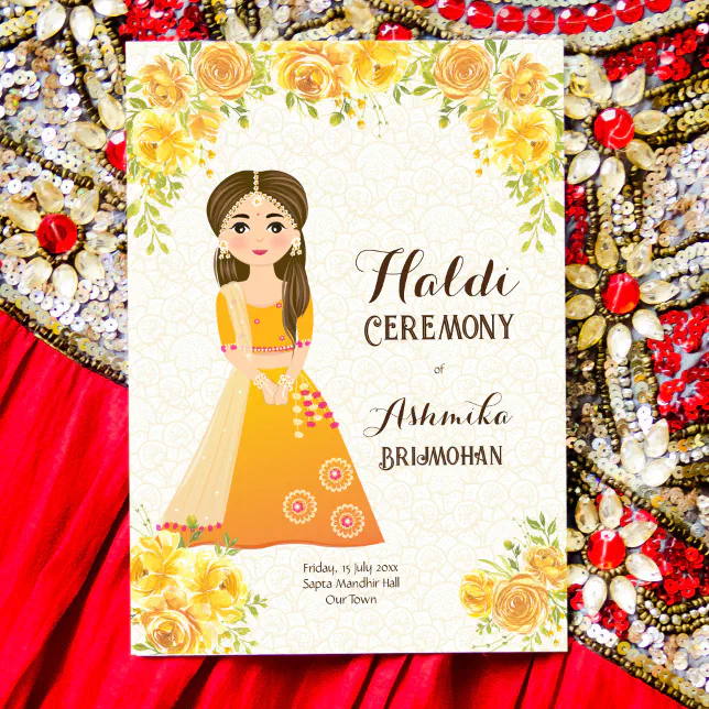 Yellow roses cute girl Haldi Invitation | Zazzle