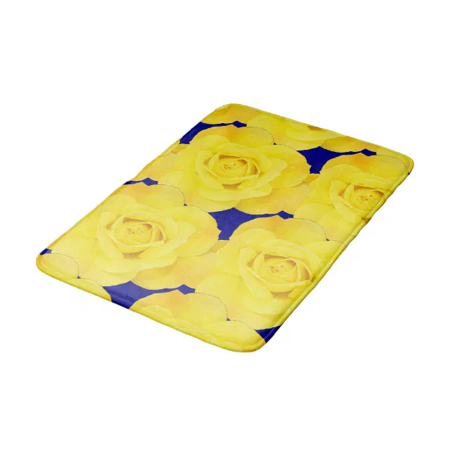 Yellow Roses Flowers Gold Floral Pattern Navy Blue Bath Mat | Zazzle