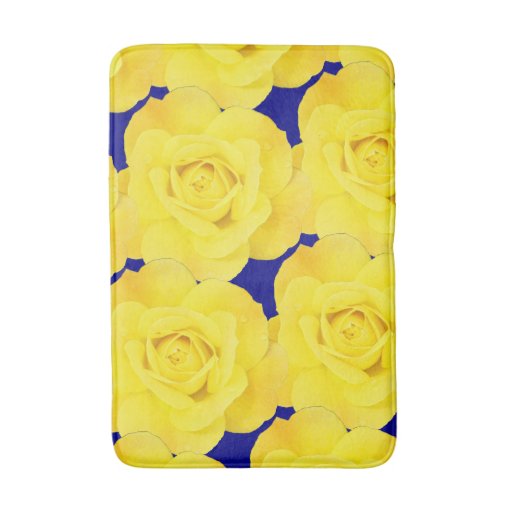 Yellow Roses Flowers Gold Floral Pattern Navy Blue Bath Mat | Zazzle