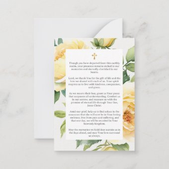 Yellow Roses Funeral Memorial Prayer Note Card | Zazzle