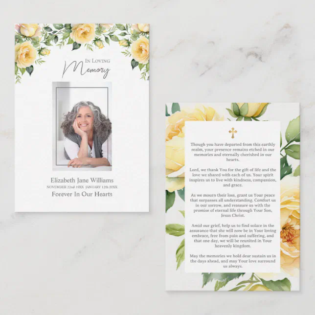 Yellow Roses Funeral Memorial Prayer Note Card | Zazzle