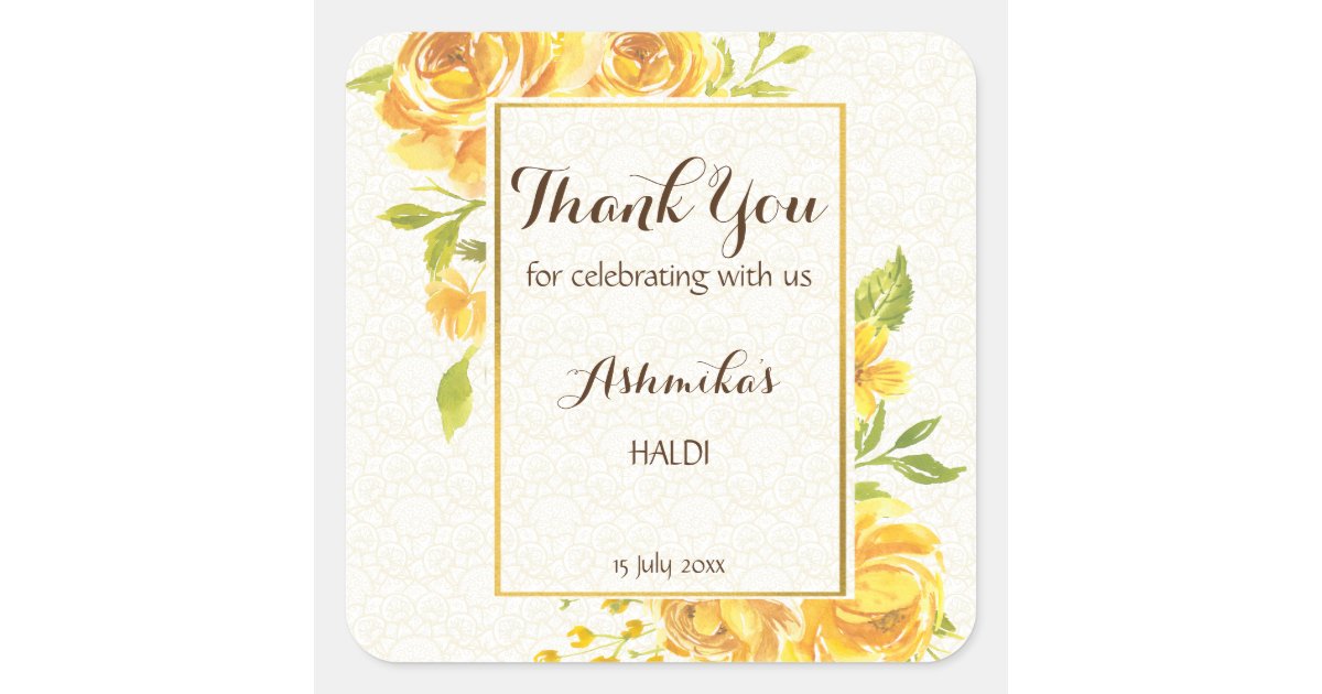 Yellow roses golden frame Haldi personalized favor Square Sticker | Zazzle