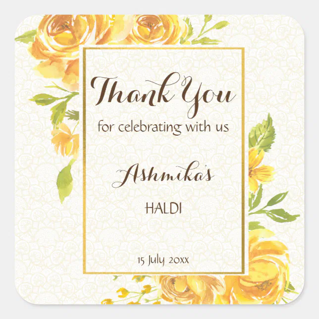 Yellow roses golden frame Haldi personalized favor Square Sticker | Zazzle