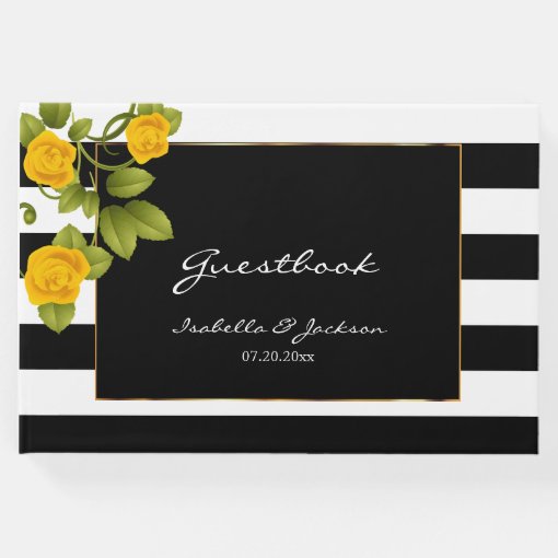 Yellow Roses on Black & White Stripes Guest Book | Zazzle