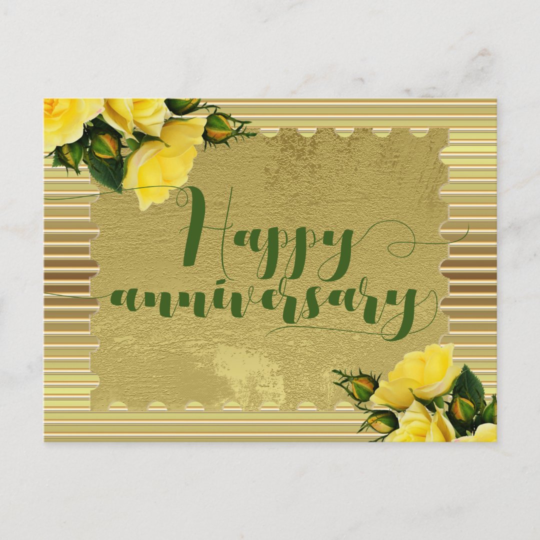 Yellow Roses On Gold Background Happy Anniversary Postcard | Zazzle