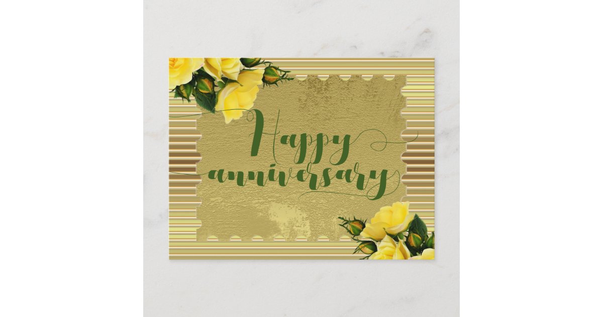 Yellow Roses On Gold Background Happy Anniversary Postcard | Zazzle