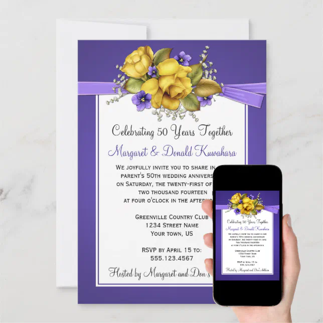 Yellow Roses Purple Violets 50th Anniversary Invitation | Zazzle