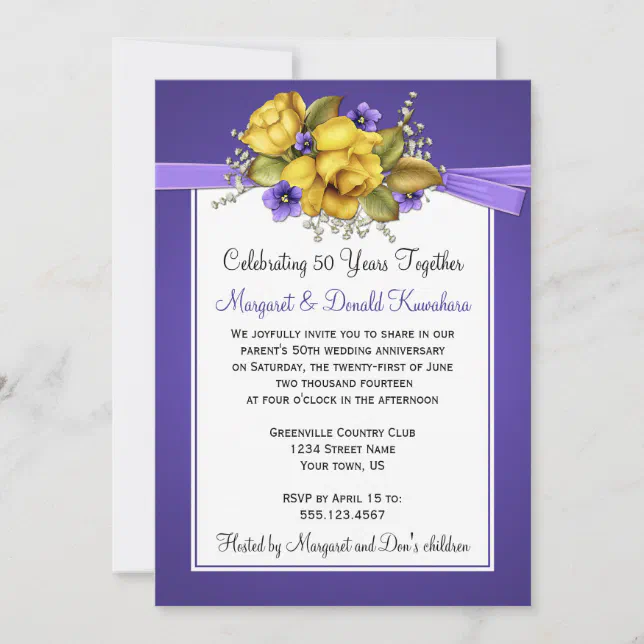Yellow Roses Purple Violets 50th Anniversary Invitation | Zazzle