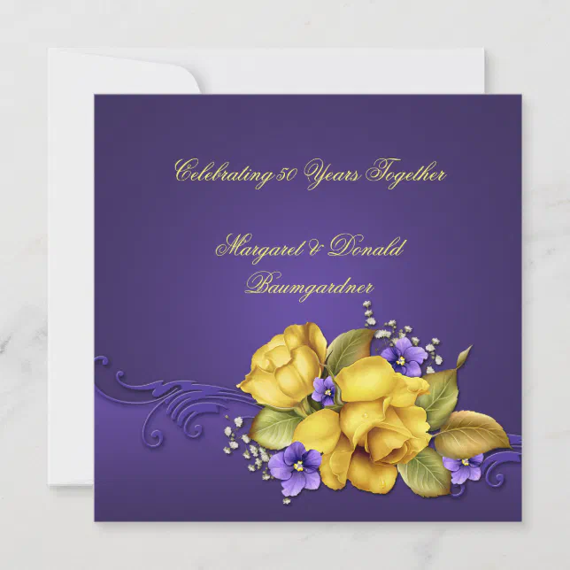 Yellow Roses Purple Violets 50th Anniversary Invitation | Zazzle