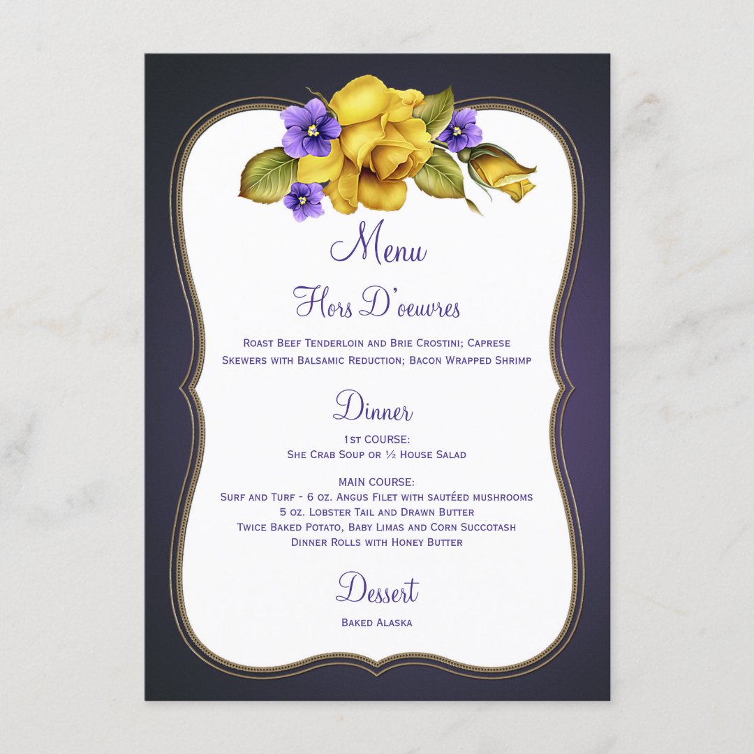 Yellow Roses Purple Violets Gold Frame Menu | Zazzle