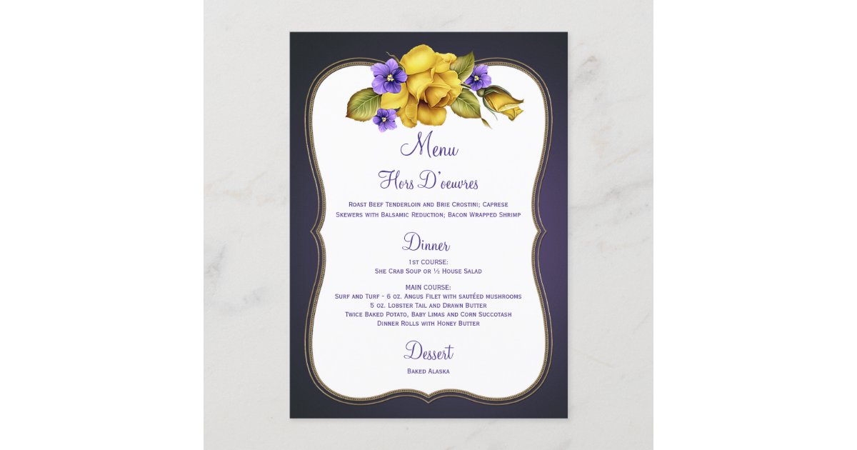 Yellow Roses Purple Violets Gold Frame Menu | Zazzle