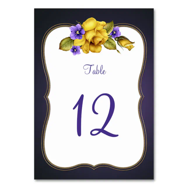 Yellow Roses Purple Violets Gold Frame Table Numbe Table Number | Zazzle