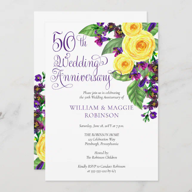Yellow Roses Violet 50th Wedding Anniversary Party Invitation | Zazzle