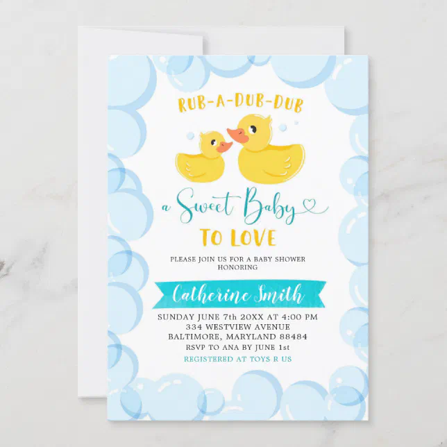 Yellow Rubber Duck Bubble Bath Baby Shower Invite | Zazzle