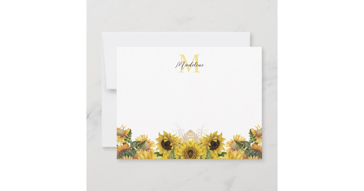 Yellow Rustic Sunflower Floral Script Monogram Note Card | Zazzle