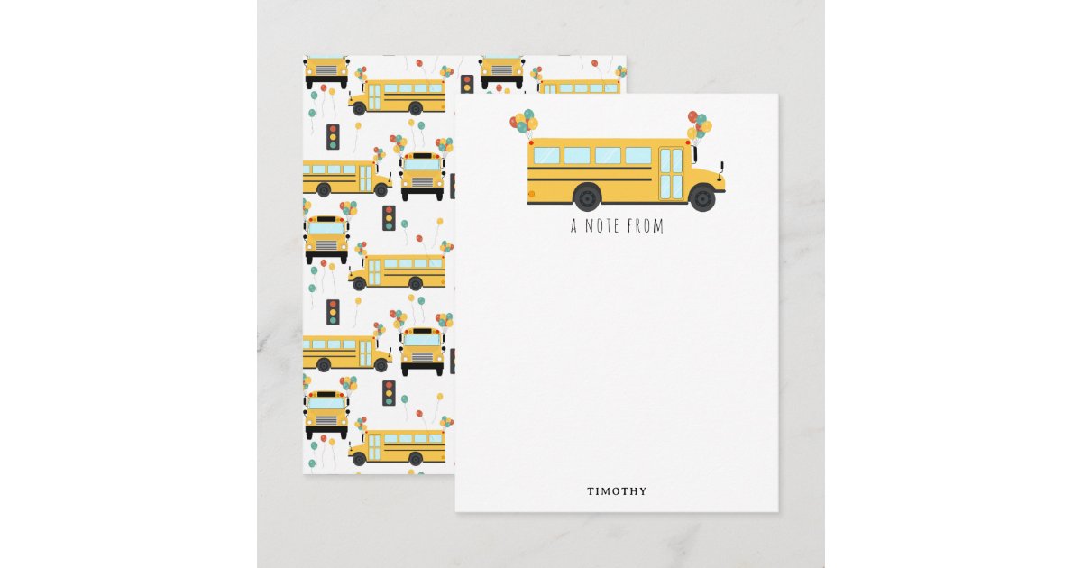 Yellow School Bus Party Kids Name Note Card | Zazzle