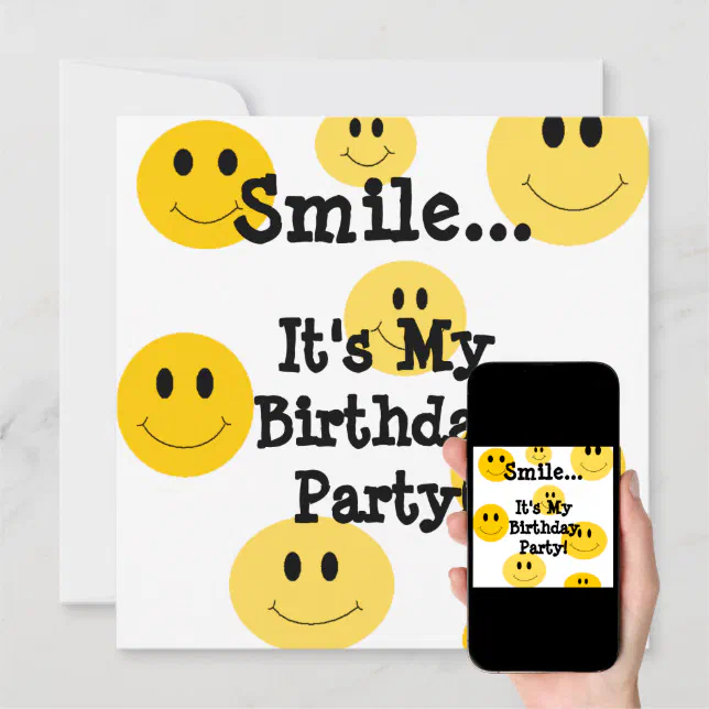 Yellow Smile Face Birthday Party Invitations | Zazzle