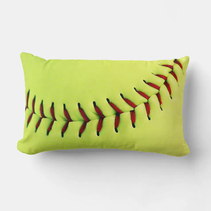 Yellow softball ball lumbar pillow | Zazzle