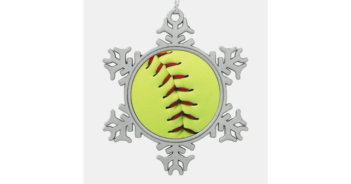 Yellow softball ball snowflake pewter christmas ornament | Zazzle