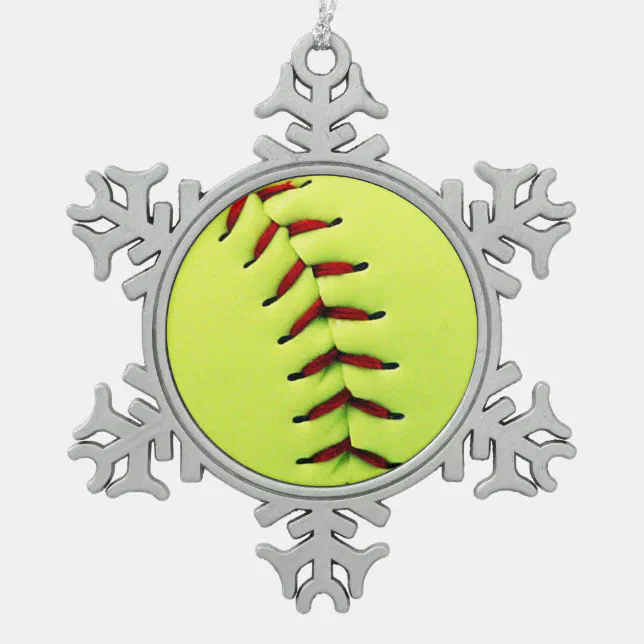Yellow softball ball snowflake pewter christmas ornament | Zazzle