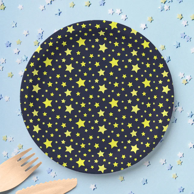 Yellow Stars and Dark Blue Pattern Paper Plates | Zazzle