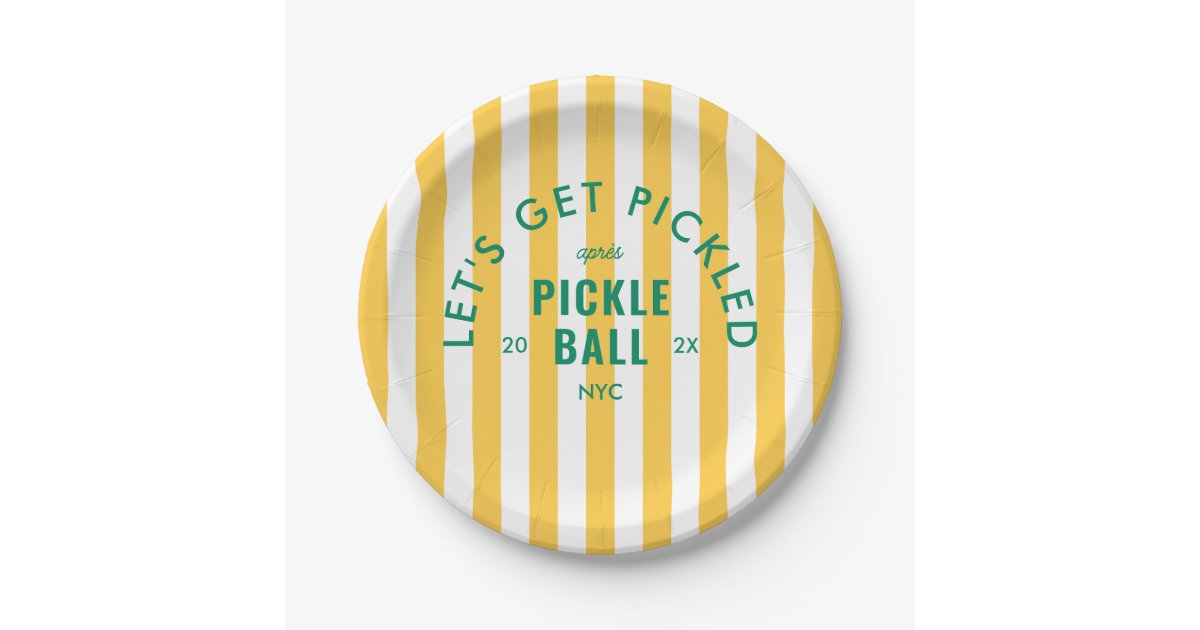 Yellow Stripe Let's Get Pickled Après Pickleball Paper Plates | Zazzle